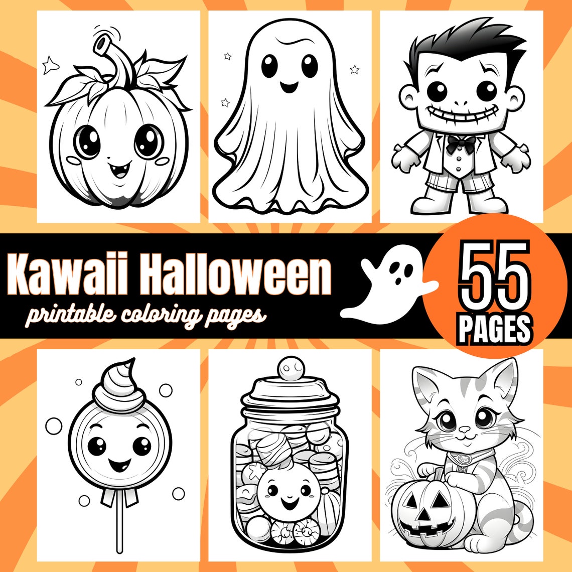 Cute Kawaii Halloween Coloring Pages for Kids. 55 Page Halloween ...