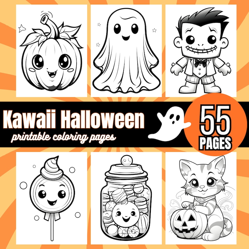 Cute Kawaii Halloween Coloring Pages for Kids. 55 Page Halloween ...