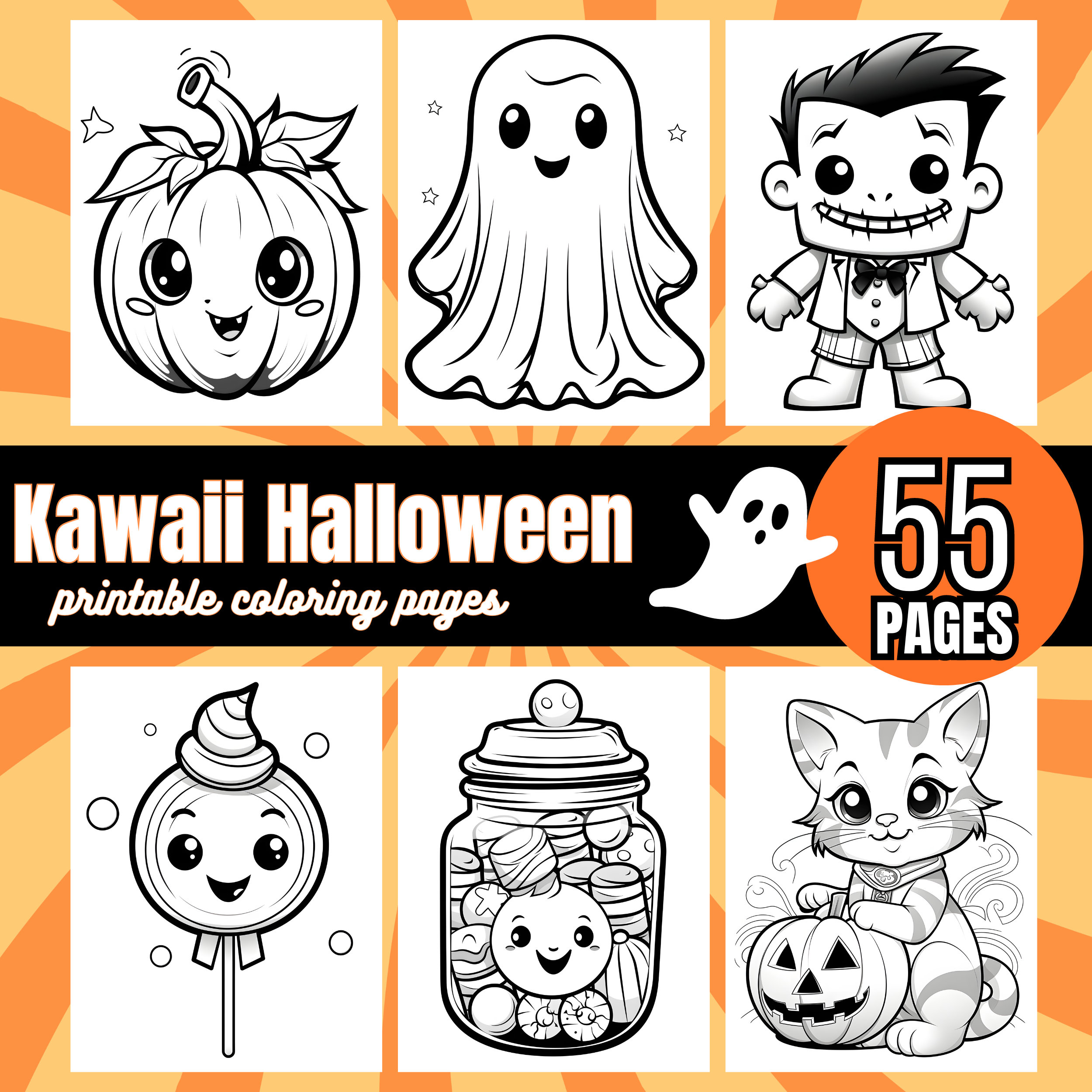 Cute Kawaii Halloween Coloring Pages for Kids. 55 Page Halloween ...