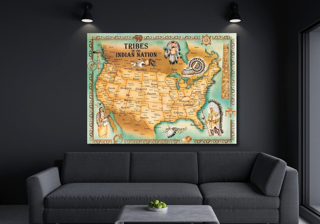 Tribes of Indian Nations Map Framed Canvas Wall Art Poster or Canvas ...
