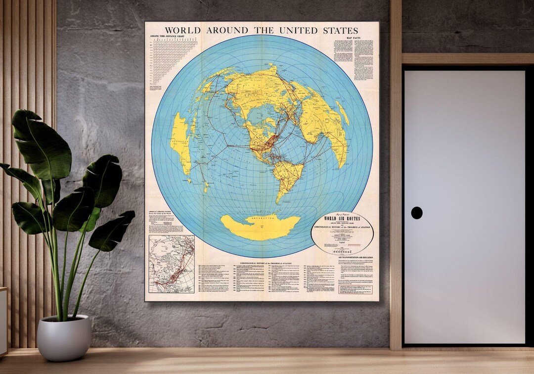 World Around the US Air Routes Flat Earth Map Quality Art Print Ready ...