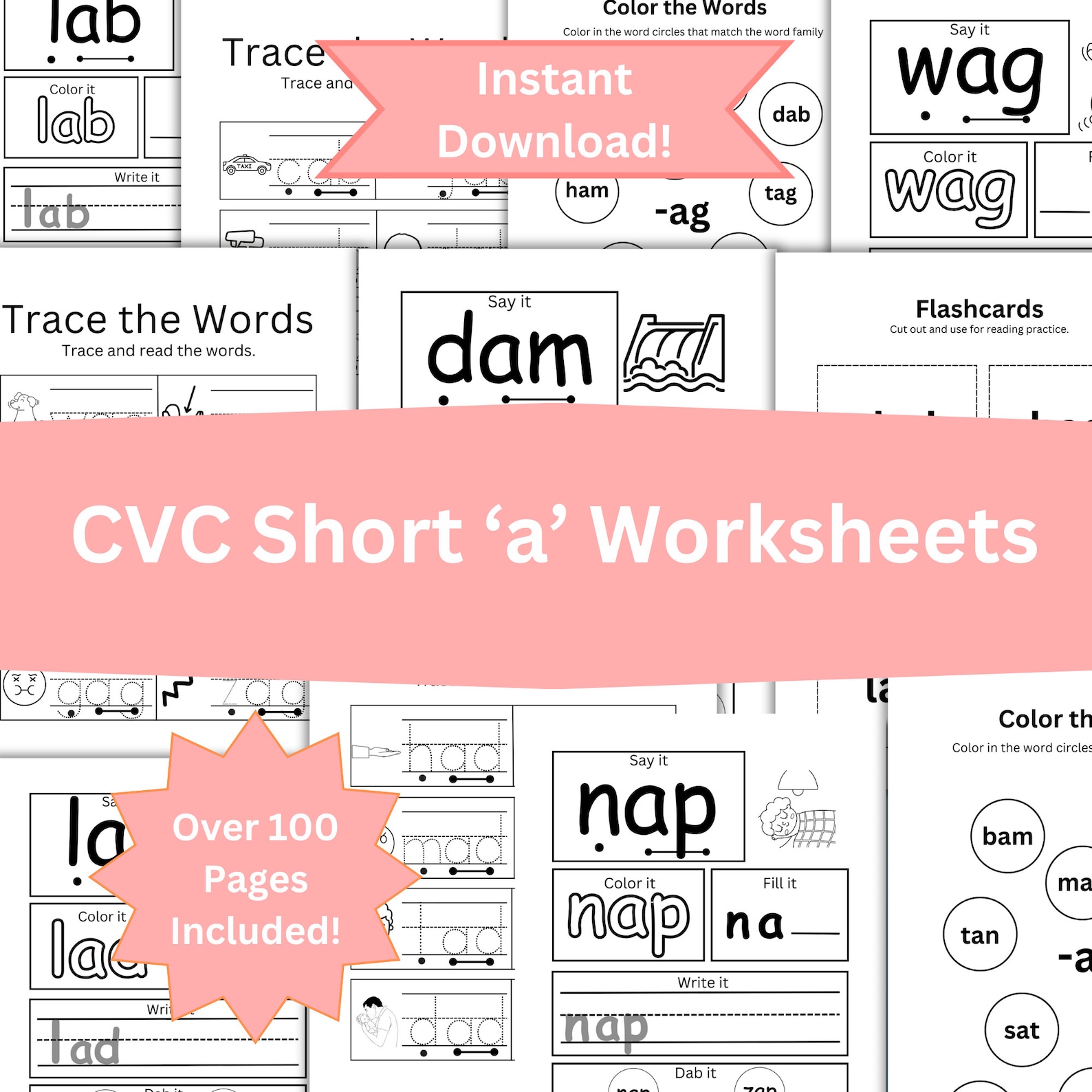 Printable Reading Worksheets CVC Short 'A' Word Family for Preschool ...