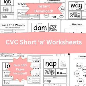 Printable Reading Worksheets CVC Short 'A' Word Family for Preschool ...