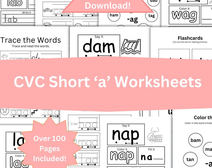 Printable Reading Worksheets CVC Short 'A' Word Family for Preschool ...