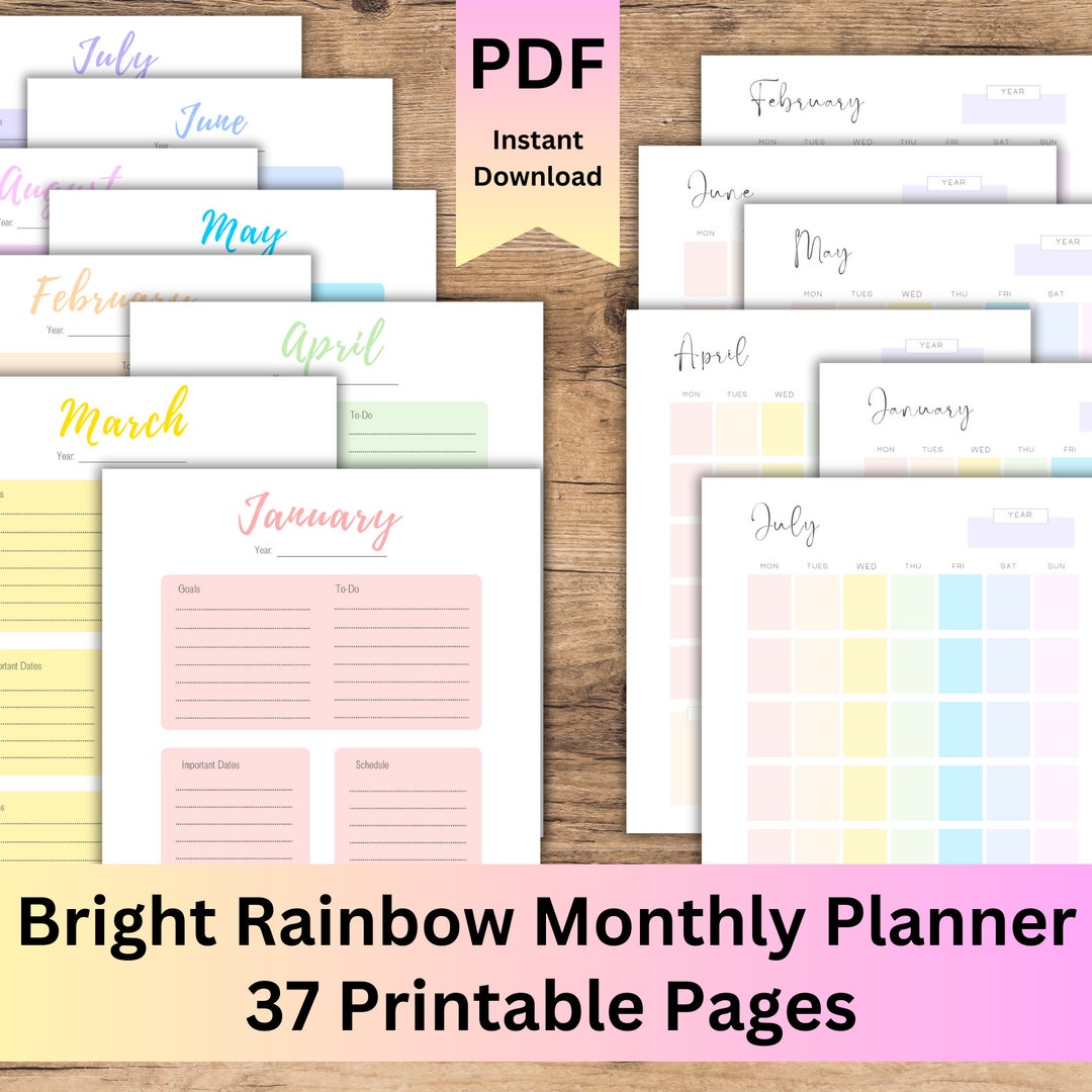 Printable Rainbow Monthly Calendar Planner Undated for Monthly ...
