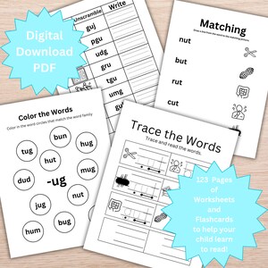 Printable Reading Worksheets CVC Short 'U' Word Family for Preschool ...