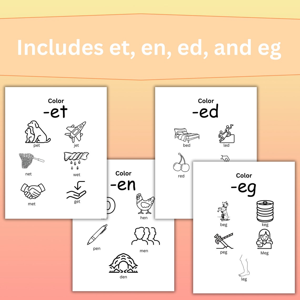 Printable Reading Worksheets CVC Short 'E' Word Family for Preschool ...