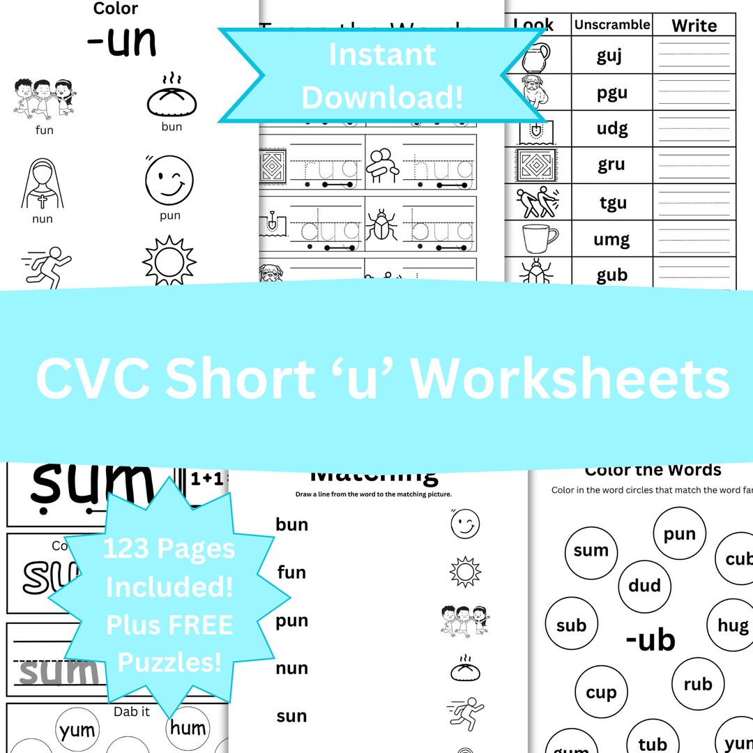Printable Reading Worksheets CVC Short 'U' Word Family for Preschool ...