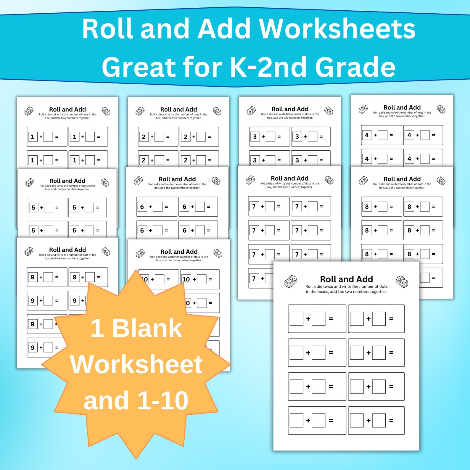 Printable Roll and Add Addition Worksheets for Math Digital Download ...