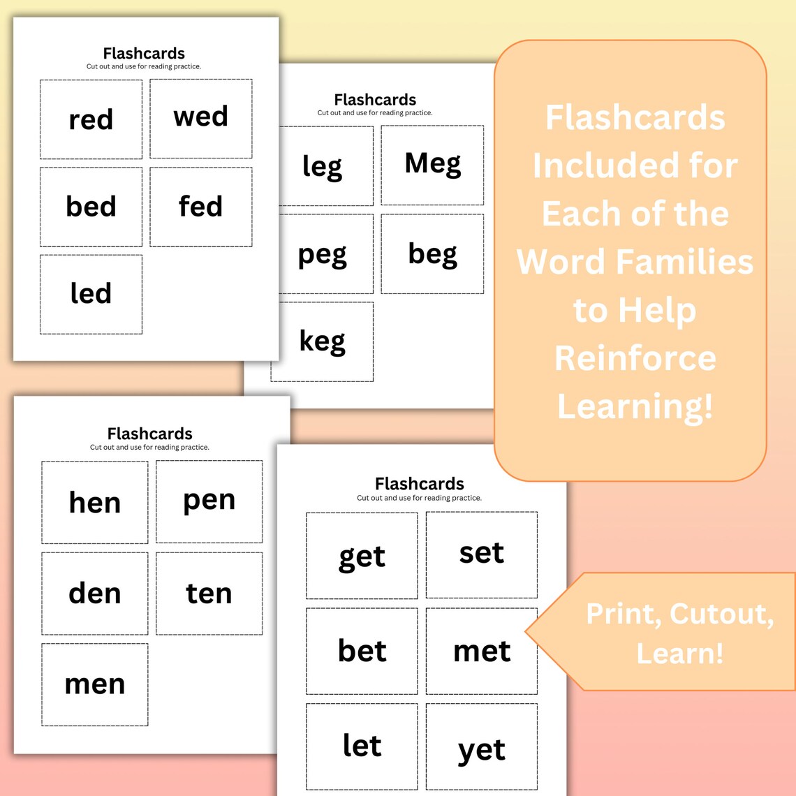 Printable Reading Worksheets CVC Short 'E' Word Family for Preschool ...