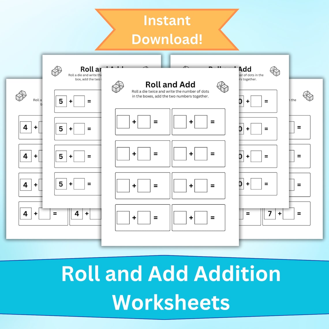 Printable Roll and Add Addition Worksheets for Math Digital Download ...
