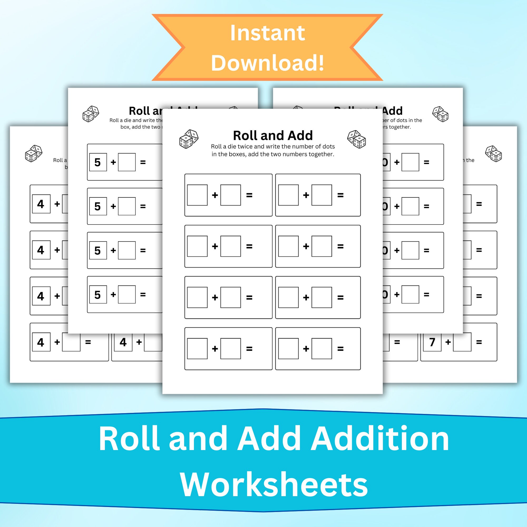 Printable Roll and Add Addition Worksheets for Math Digital Download ...