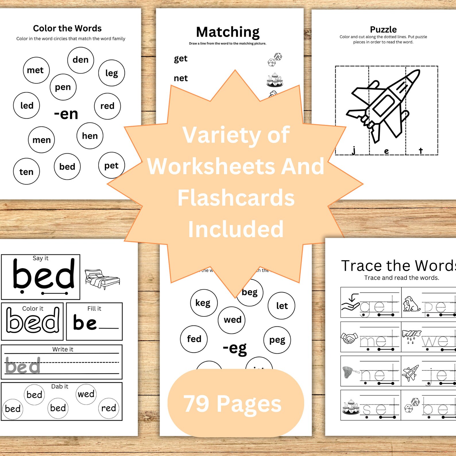 Printable Reading Worksheets CVC Short 'E' Word Family for Preschool ...