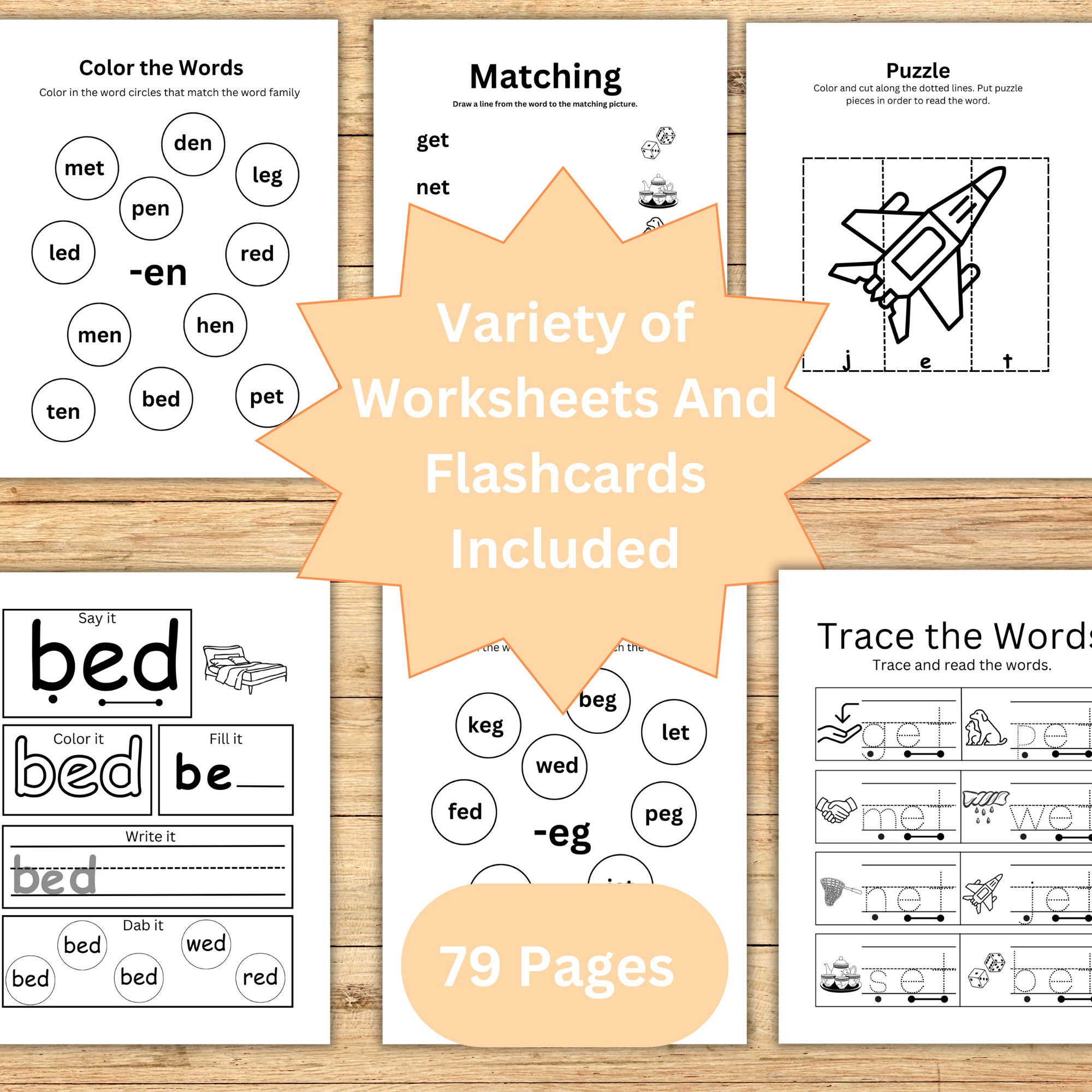 Printable Reading Worksheets CVC Short 'E' Word Family for Preschool ...