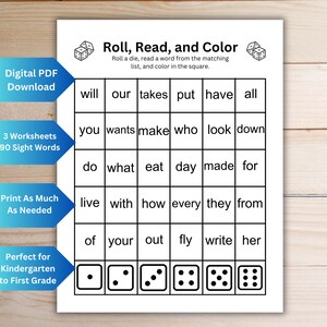 Printable Roll and Read Sight Word Worksheets Learning to Read ...