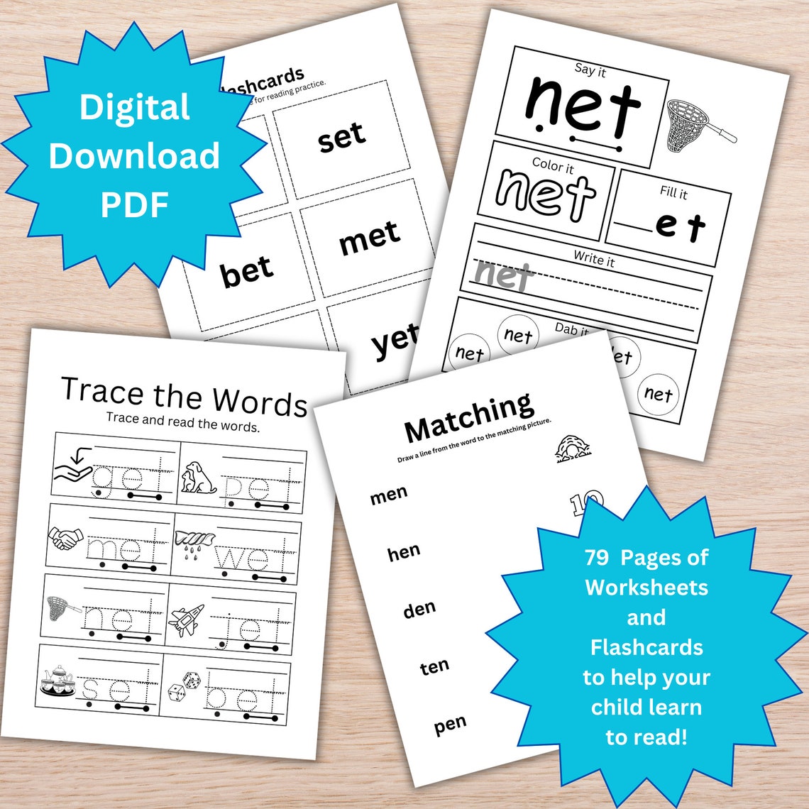 Printable Reading Worksheets CVC Short 'E' Word Family for Preschool ...