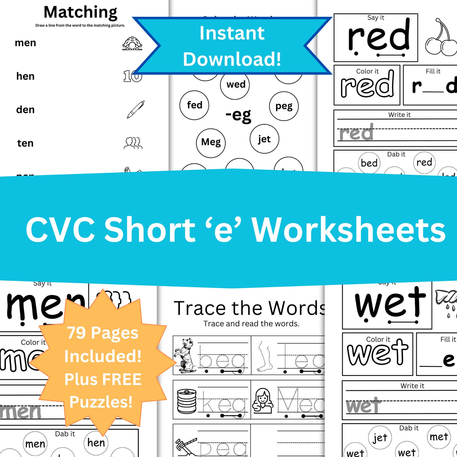Printable Reading Worksheets CVC Short 'E' Word Family for Preschool ...