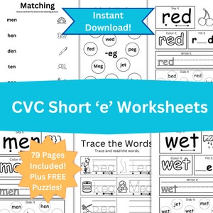 Printable Reading Worksheets CVC Short 'E' Word Family for Preschool ...