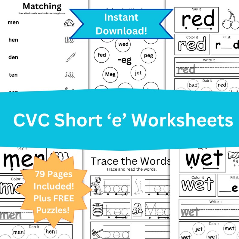 Printable Reading Worksheets CVC Short 'E' Word Family for Preschool ...