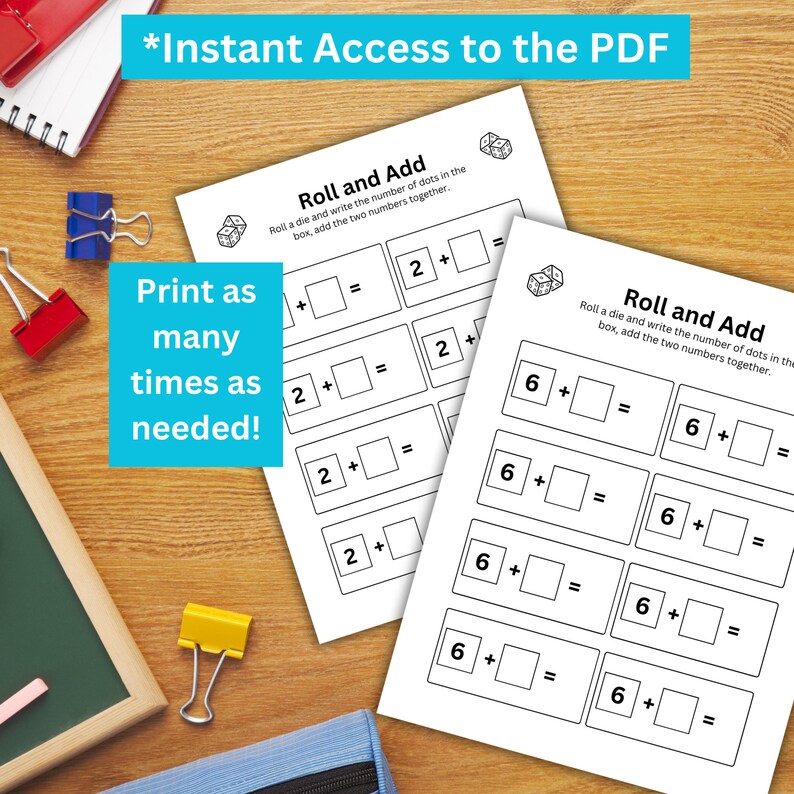 Printable Roll and Add Addition Worksheets for Math Digital Download ...