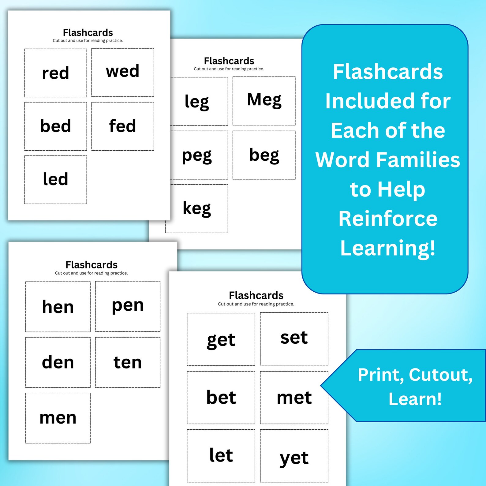 Printable Reading Worksheets CVC Short 'E' Word Family for Preschool ...