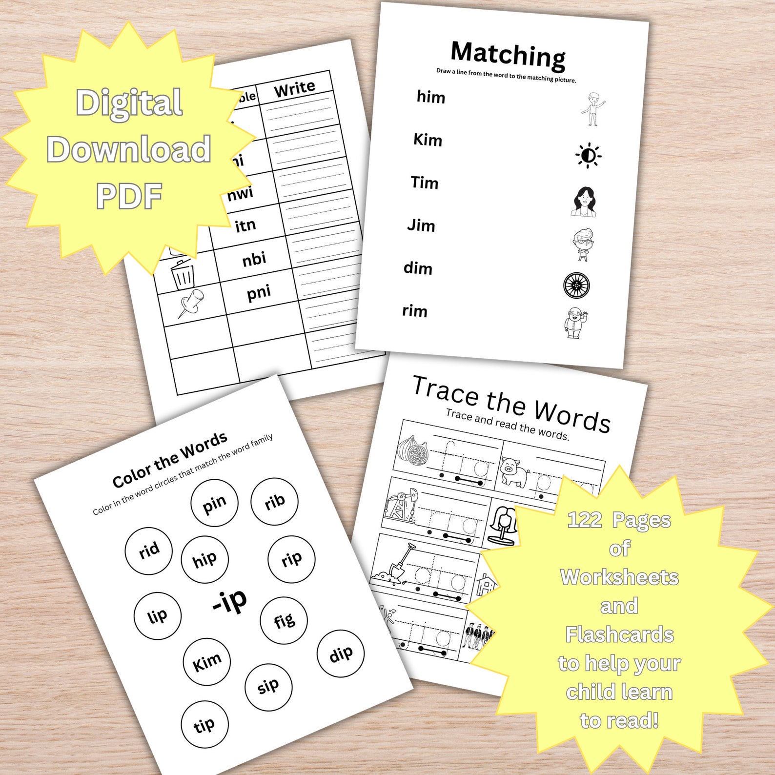 Printable Reading Worksheets CVC Short 'I' Word Family for Preschool ...