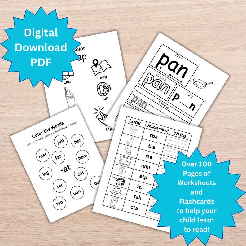 Printable Reading Worksheets CVC Short 'A' Word Family for Preschool ...