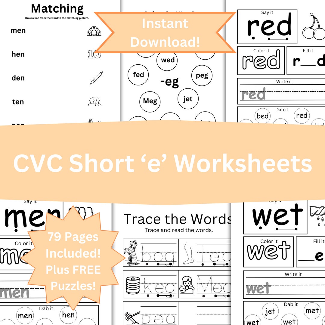 Printable Reading Worksheets CVC Short 'E' Word Family for Preschool ...