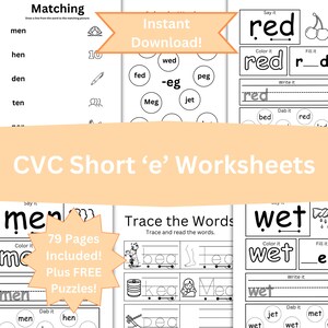 Printable Reading Worksheets CVC Short 'E' Word Family for Preschool ...