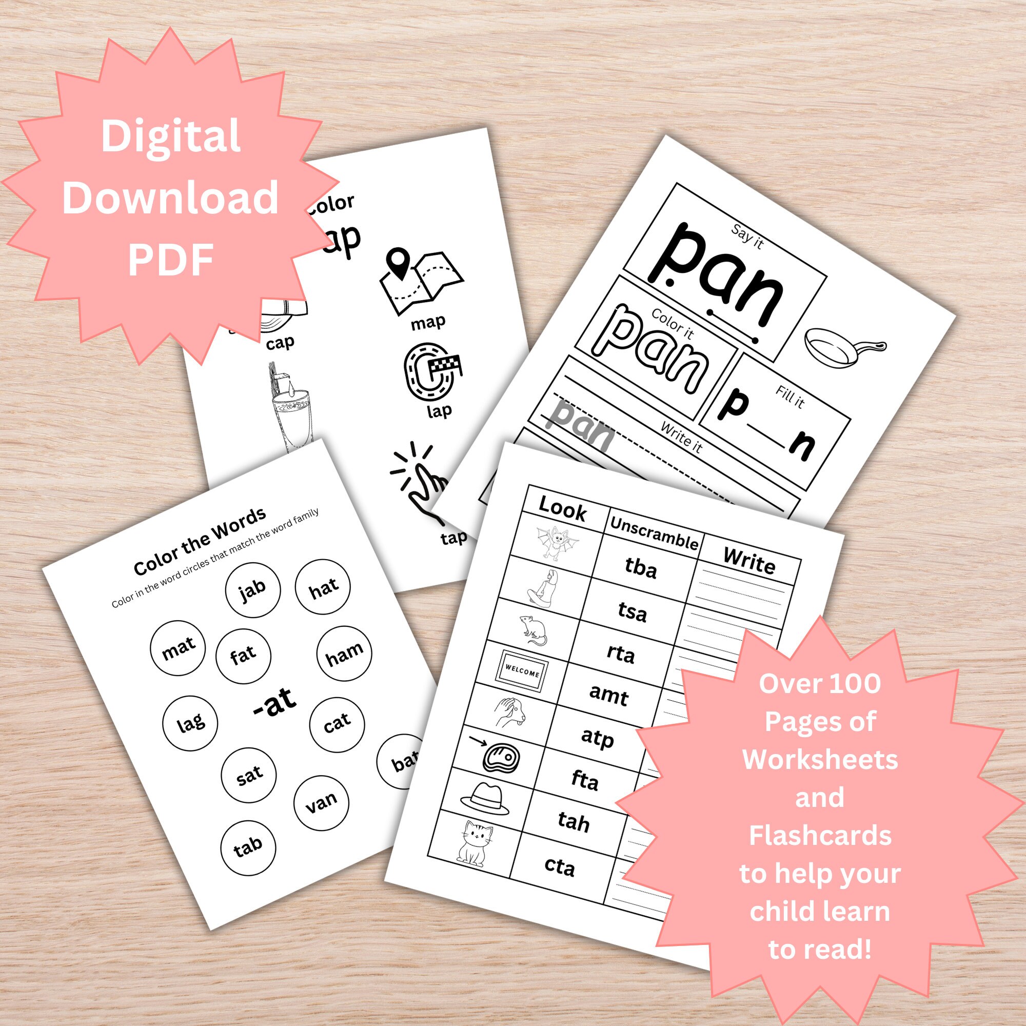 Printable Reading Worksheets CVC Short 'A' Word Family for Preschool ...