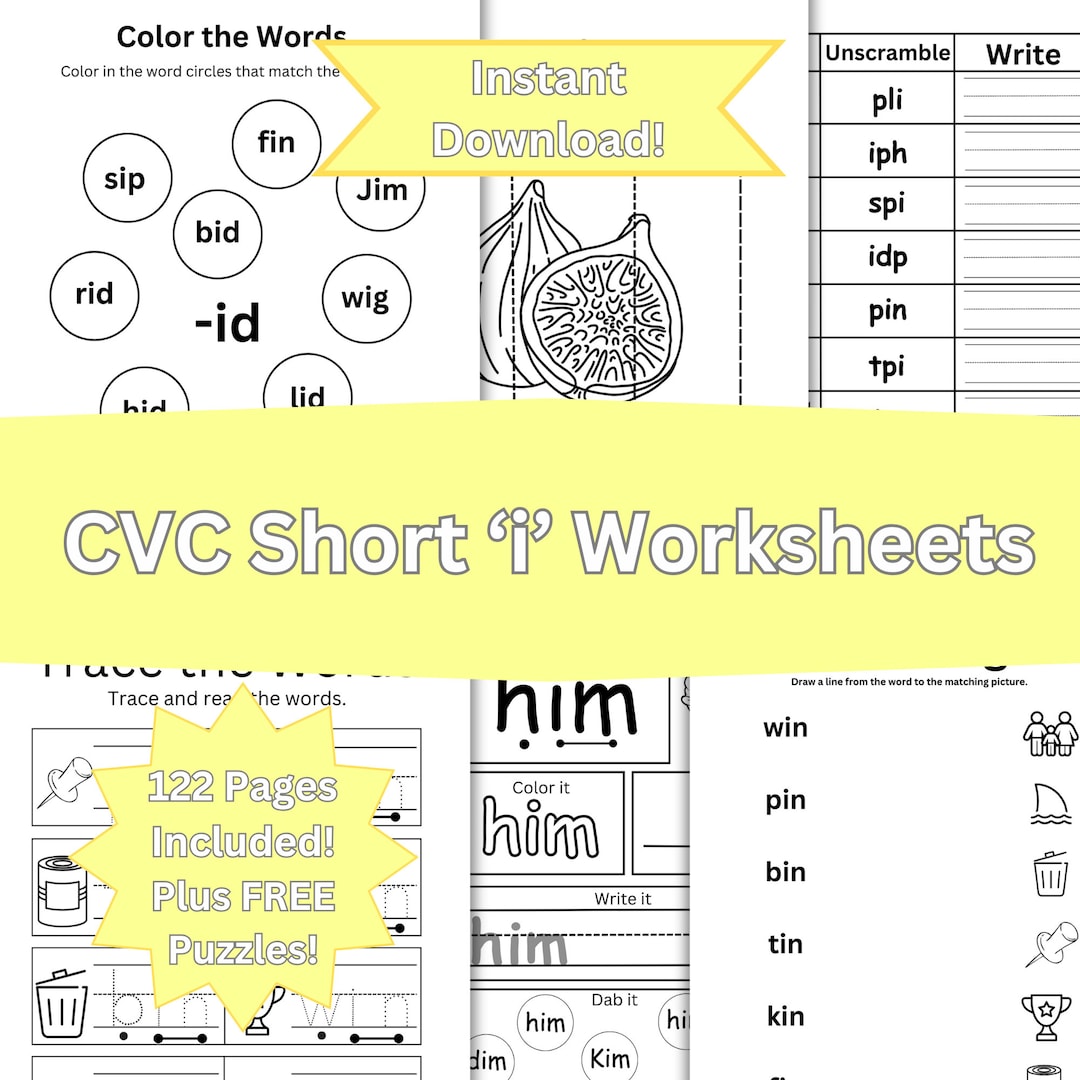 Printable Reading Worksheets CVC Short 'I' Word Family for Preschool ...