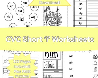 Printable Reading Worksheets CVC Short 'E' Word Family for Preschool ...
