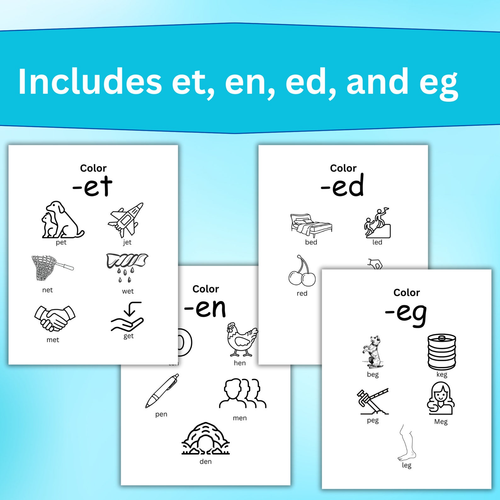 Printable Reading Worksheets CVC Short 'E' Word Family for Preschool ...