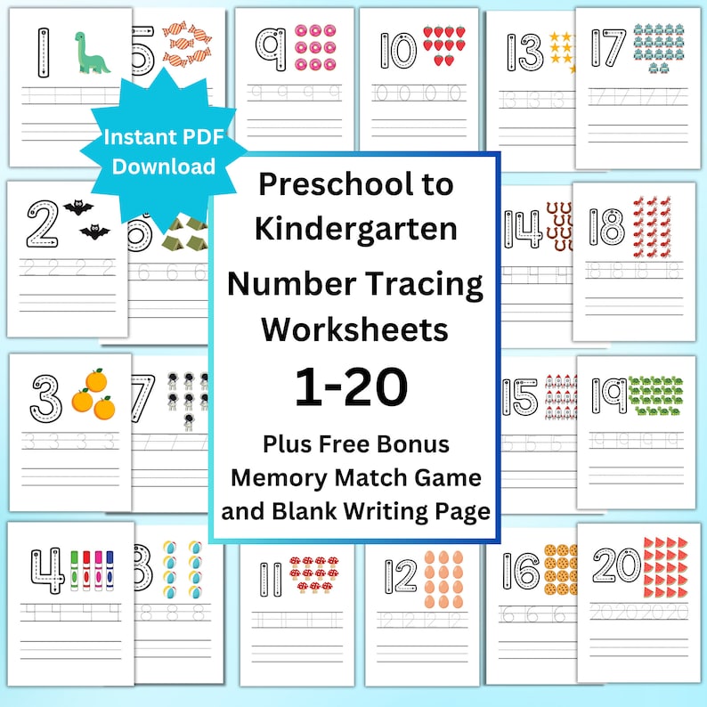 Printable Number Tracing Worksheets 1-20 Kindergarten and Preschool ...