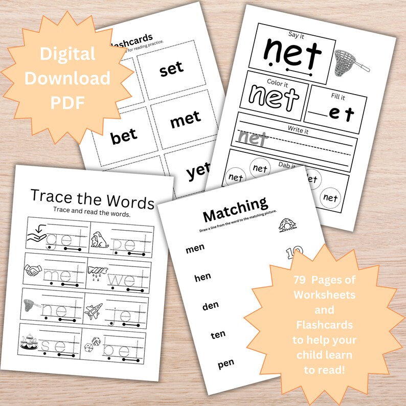 Printable Reading Worksheets CVC Short 'E' Word Family for Preschool ...