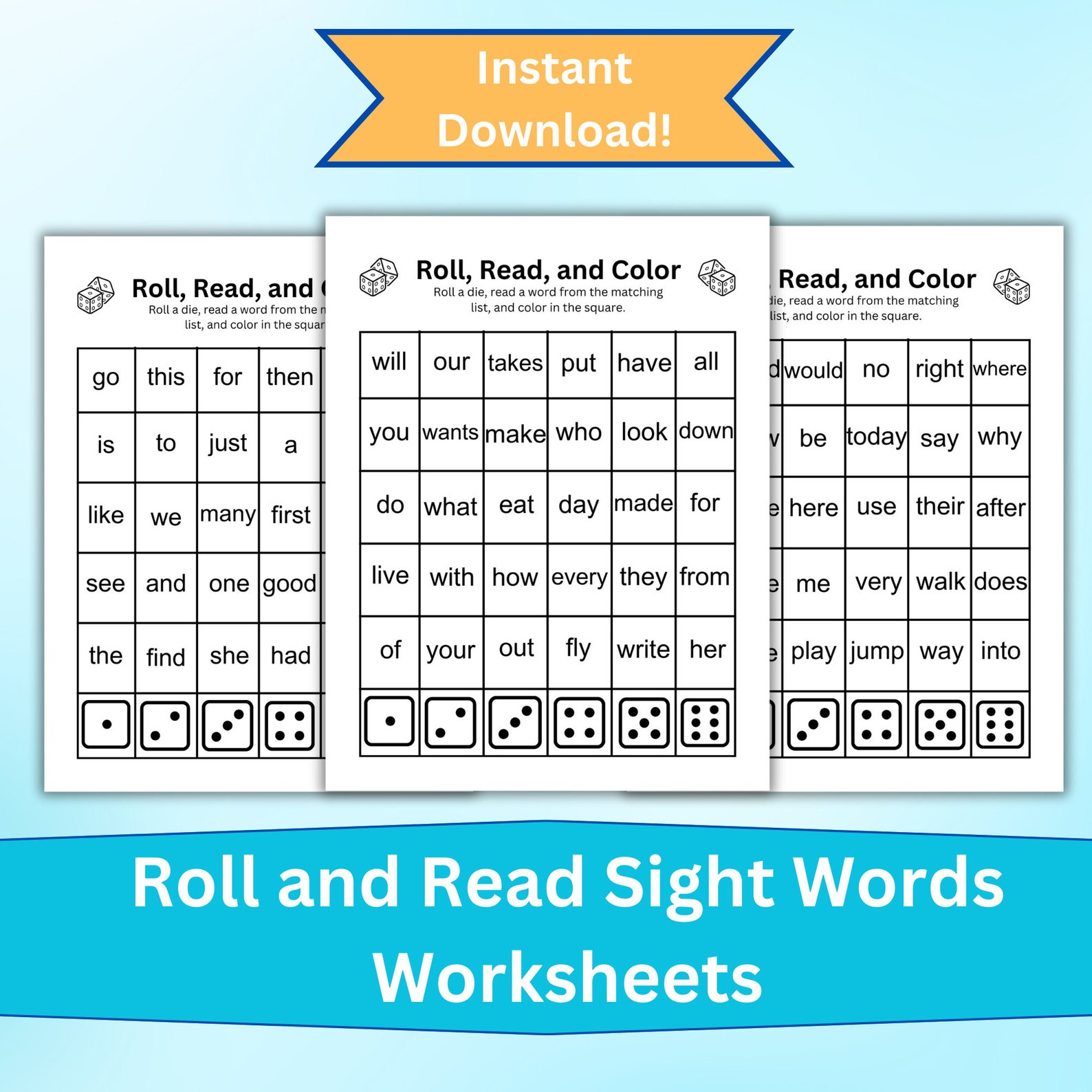 Printable Roll and Read Sight Word Worksheets Learning to Read ...