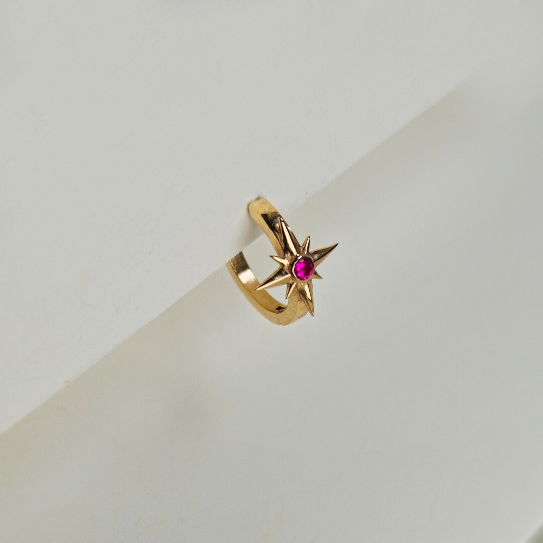 Nautical Star Ruby Single Hoop Earrings 12mm 14K Solid Gold – Elegant ...