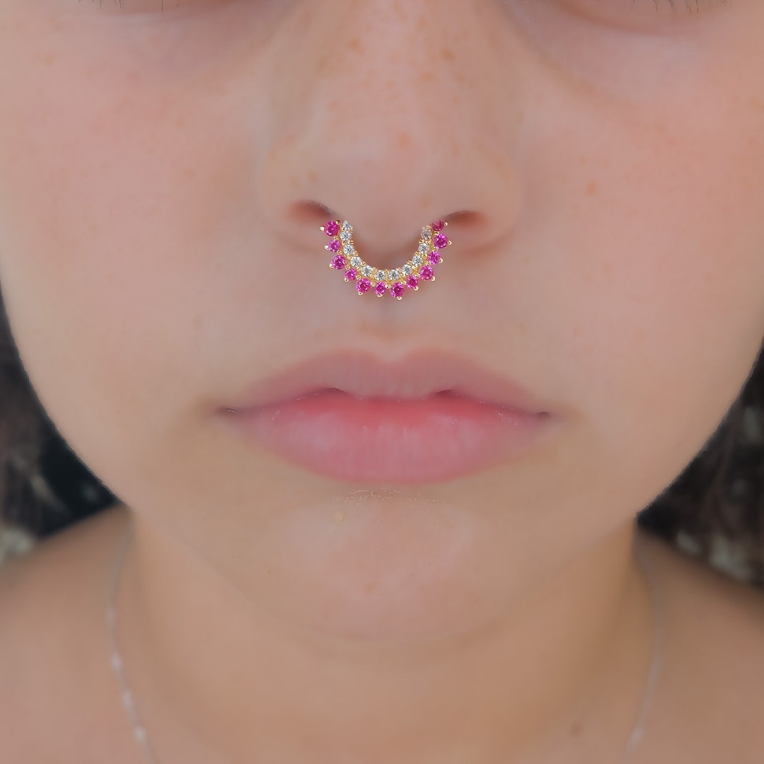 14k Daith Piercing Solid Gold Cluster Diamond and Ruby Septum Ring 16G ...