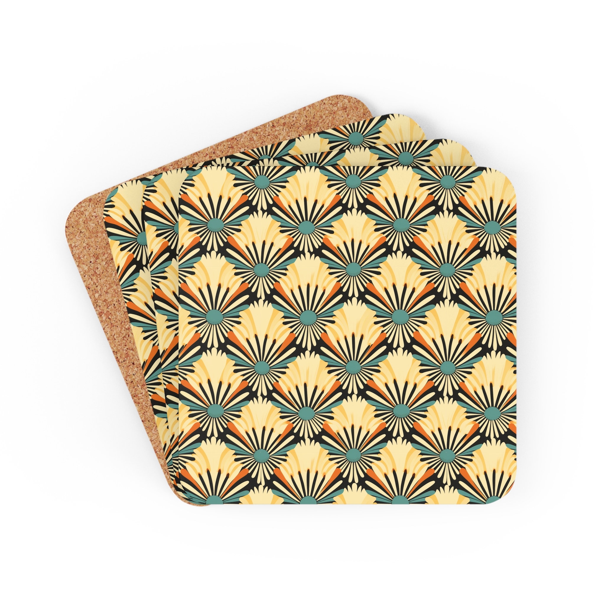 Art Deco Mini Burst Corkwood Coaster Set, Retro Decor, Art Nouveau, Art ...