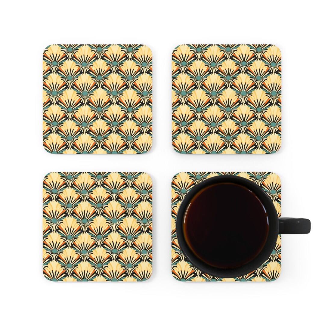 Art Deco Mini Burst Corkwood Coaster Set, Retro Decor, Art Nouveau, Art ...