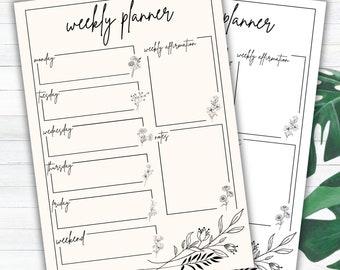 Black White Minimalist Floral Background Weekly Planner. - Etsy