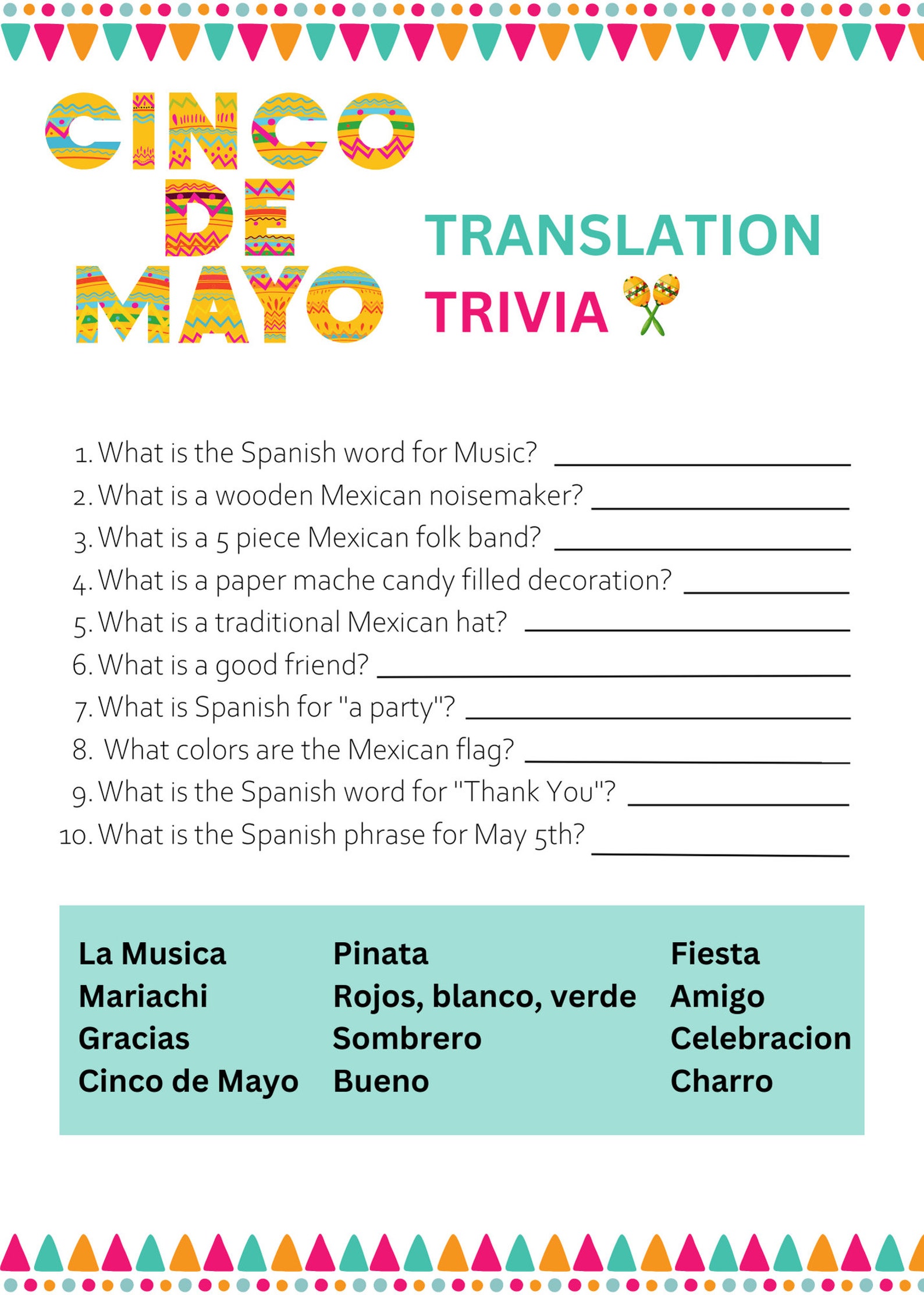 Cinco De Mayo Translation Game Printable - Etsy