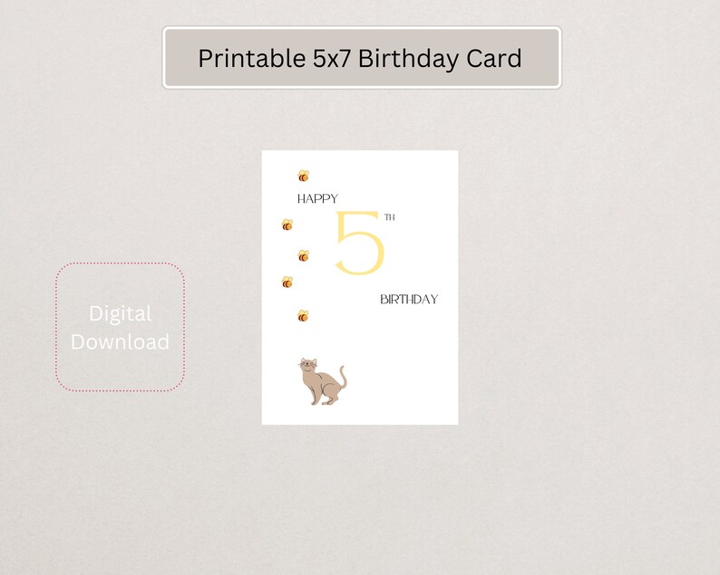 Happy 5th Birthday Printable Birthday Kitty Card Bumble Bee Card Cute ...