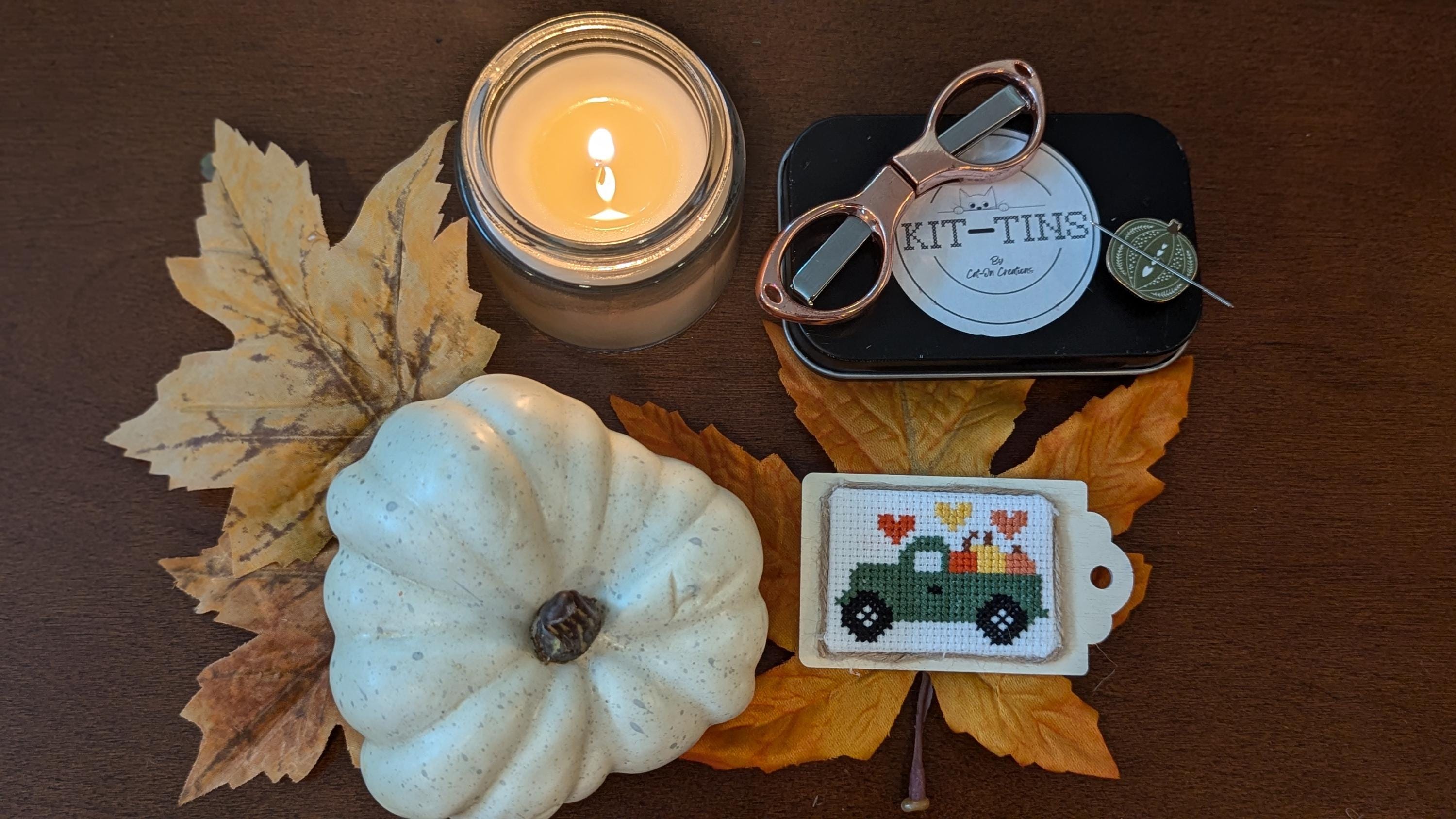 Kit-tins Fall Patterns Travel Cross Stitch Tins With Finishing Supplies ...