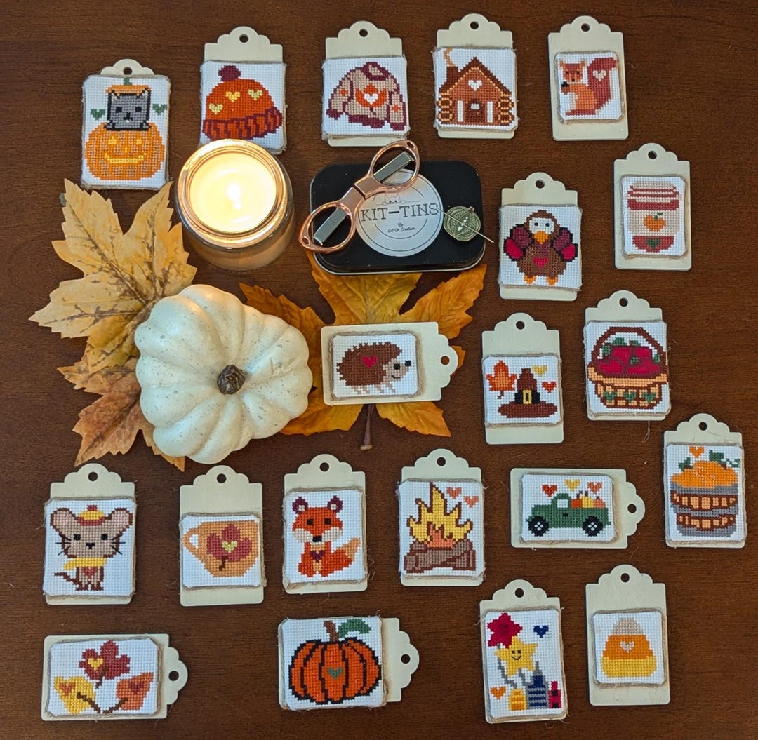 Kit-tins Fall Patterns Travel Cross Stitch Tins With Finishing Supplies ...
