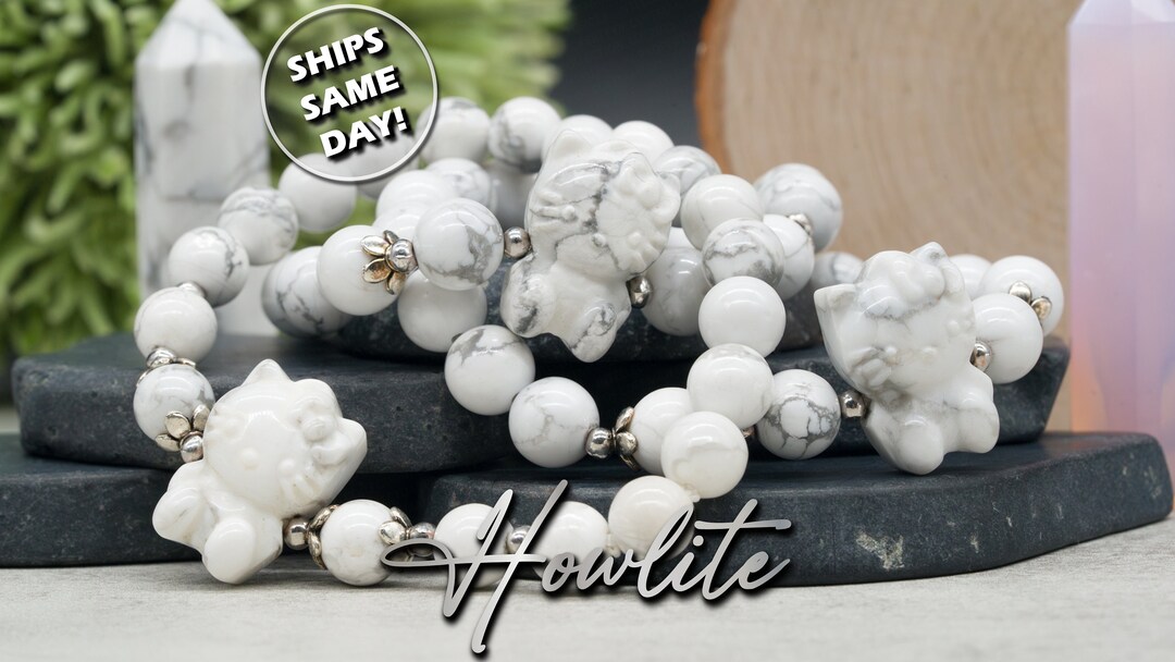 Howlite Crystal Gemstone Hello Kitty Bead Elastic Bracelet Cutecore ...