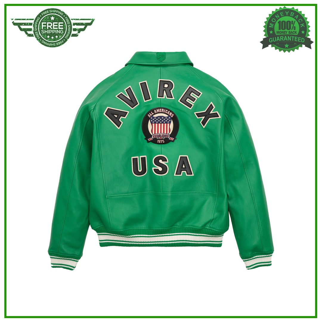Men's Green Avirex Genuine Leather Bomber Jacket American - Etsy
