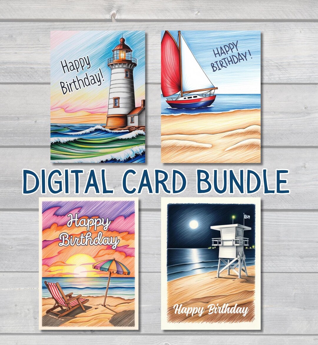Beach Birthday Card Bundle – 4 Printable 5x7 Designs, Instant Download ...