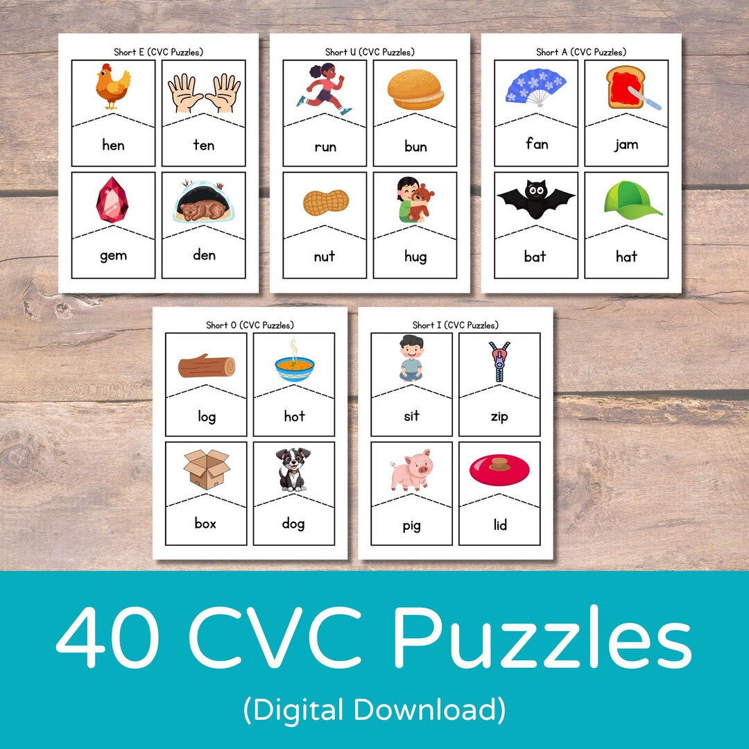 CVC Matching Puzzles - Preschool Activity Cards - Phonics, Vowels ...