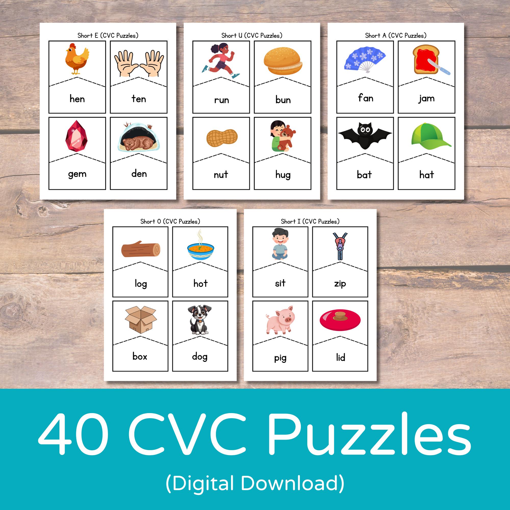 CVC Matching Puzzles - Preschool Activity Cards - Phonics, Vowels ...